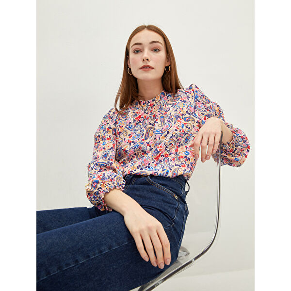Hakim Yaka Desenli Uzun Kollu Kadın Bluz