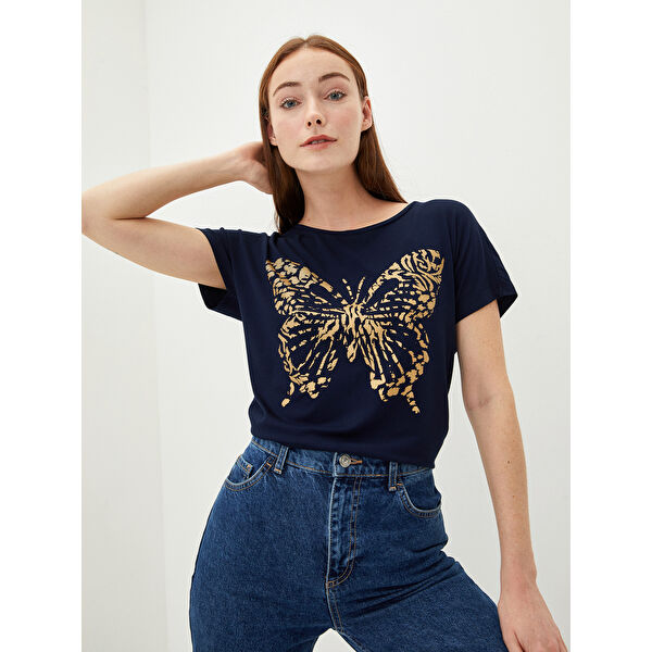 Bisiklet Yaka Kelebek Baskılı Kısa Kollu Kadın Tişört