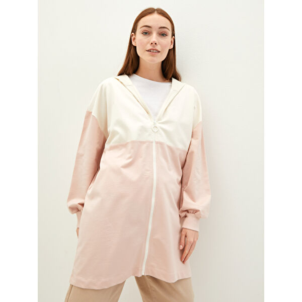 Kapüşonlu Renk Bloklu Uzun Kollu Kadın Hırka