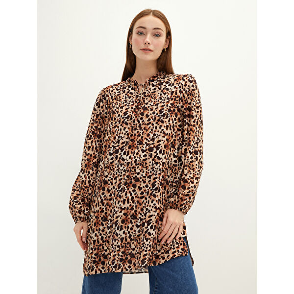 Bağlamalı Yaka Desenli Uzun Kollu Viskon Kadın Tunik