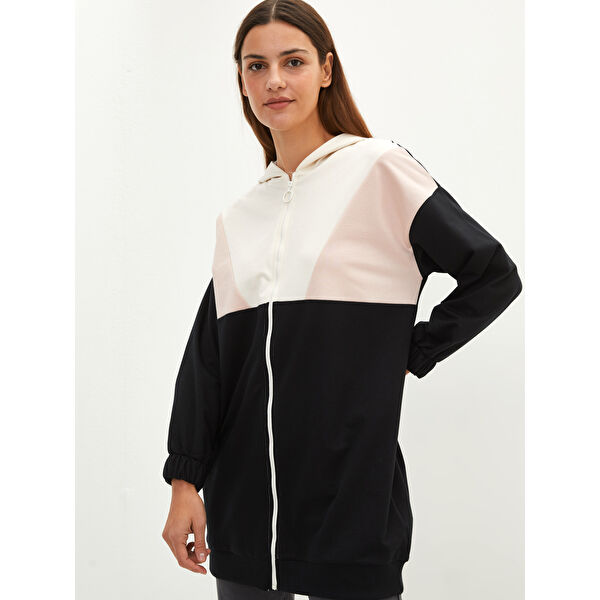 Kapüşonlu Renk Bloklu Uzun Kollu Kadın Hırka Kapüşonlu Renk Bloklu Uzun Kollu Kadın Hırka