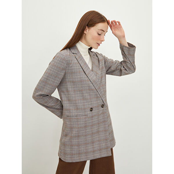 Önden Düğme Kapamalı Ekose Uzun Kollu Kadın Ceket