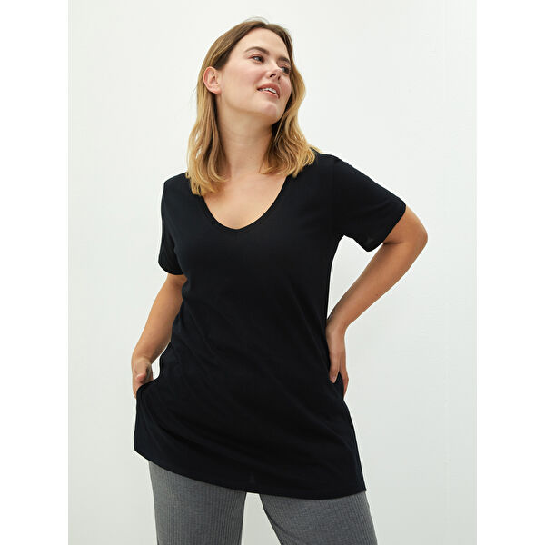 Büyük Beden V Yaka Düz Kısa Kollu Kadın Tişört