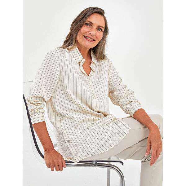 Önden Düğme Kapamalı Çizgili Uzun Kollu Kadın Gömlek