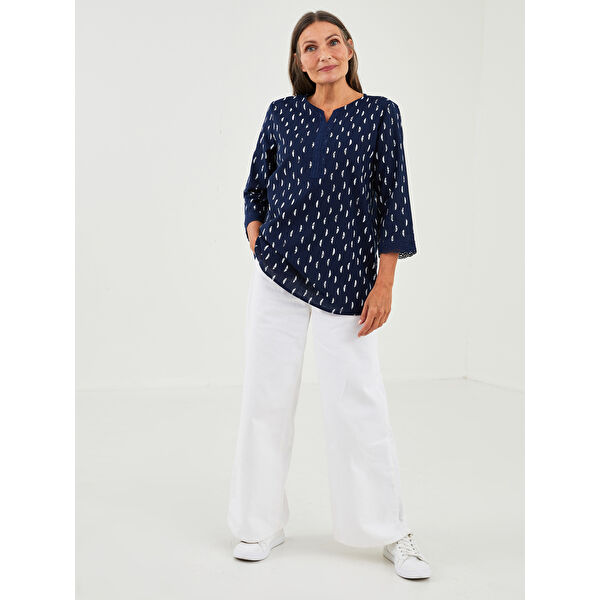 Kaçık Yaka Desenli Uzun Kollu Pamuklu Kadın Bluz Kaçık Yaka Desenli Uzun Kollu Pamuklu Kadın Bluz