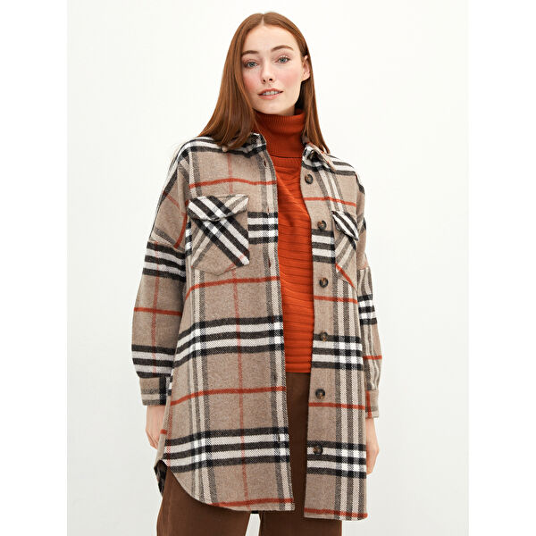 Gömlek Yaka Ekose Uzun Kollu Oversize Kadın Gömlek Ceket