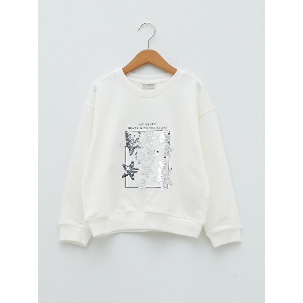 Bisiklet Yaka Baskılı Pul İşlemeli Uzun Kollu Kız Çocuk Sweatshirt Bisiklet Yaka Baskılı Pul İşlemeli Uzun Kollu Kız Çocuk Sweatshirt