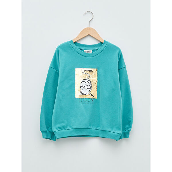 Bisiklet Yaka Baskılı Çift Yönlü Payetli Uzun Kollu Kız Çocuk Sweatshirt Bisiklet Yaka Baskılı Çift Yönlü Payetli Uzun Kollu Kız Çocuk Sweatshirt