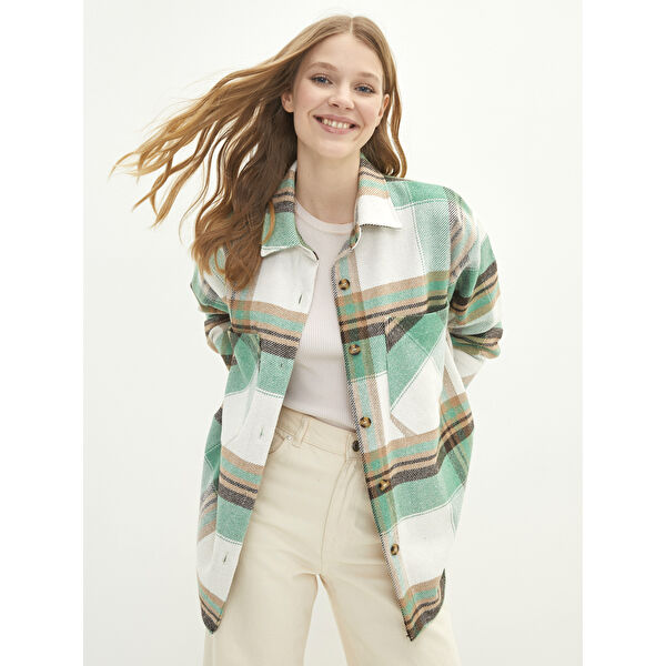 Önden Düğme Kapamalı Ekose Uzun Kollu Gabardin Kumaş Kadın Gömlek Ceket