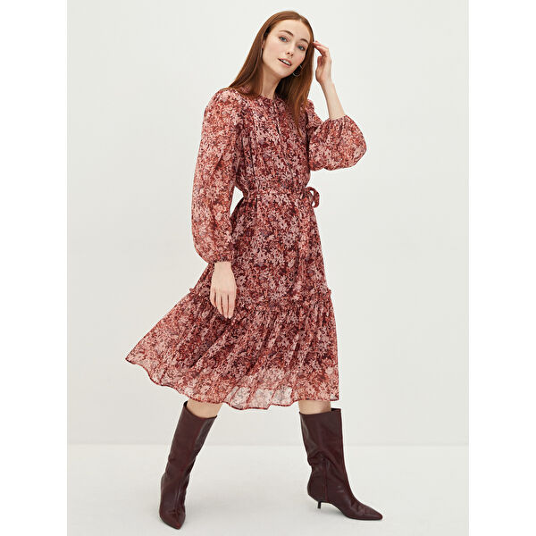 LCW CLASSIC Bağlamalı Yaka Çiçekli Uzun Kollu A Kesim Şifon Kadın Elbise