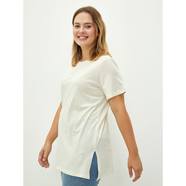 Büyük Beden Bisiklet Yaka Düz Kısa Kollu Pamuklu Kadın Tişört