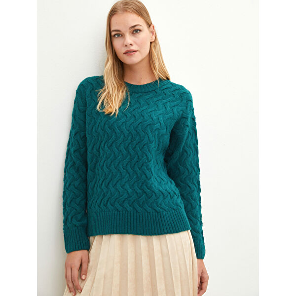 Bisiklet Yaka Kendinden Desenli Uzun Kollu Kadın Triko Kazak