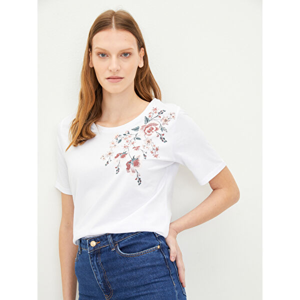 Bisiklet Yaka Çiçek Baskılı Kısa Kollu Pamuklu Kadın Tişört