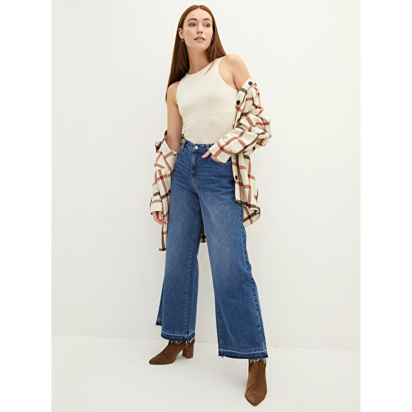 Yüksek Bel Standart Fit Geniş Paça Rodeo Kadın Jean Pantolon