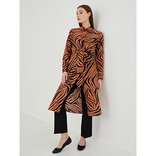 Gömlek Yaka Desenli Uzun Kollu Kadın Tunik