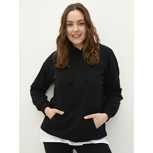 Büyük Beden Kapüşonlu Düz Uzun Kollu Kadın Sweatshirt Büyük Beden Kapüşonlu Düz Uzun Kollu Kadın Sweatshirt