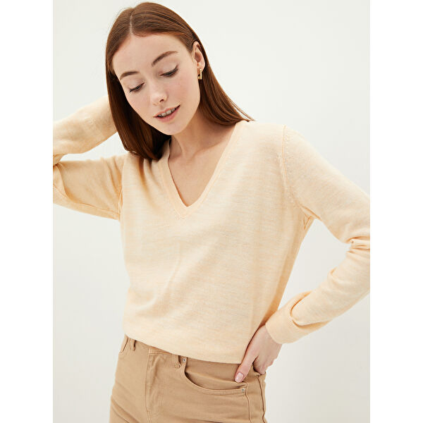 V Yaka Düz Uzun Kollu Kadın Triko Kazak