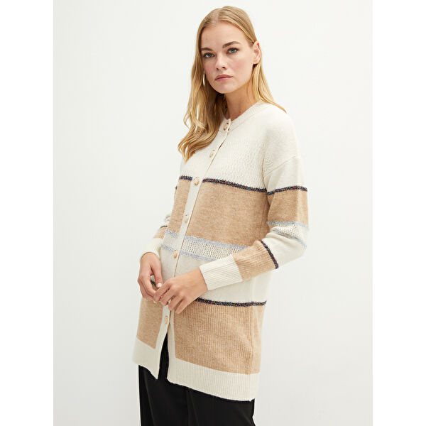 Bisiklet Yaka Renk Bloklu Uzun Kollu Kadın Triko Hırka