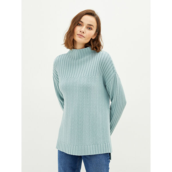 Yarım Balıkçı Kendinden Desenli Uzun Kollu Kadın Triko Tunik