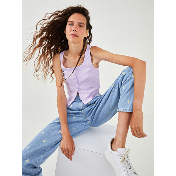 XSIDE U Yaka Çiçek Nakışlı Pamuklu Kadın Bluz