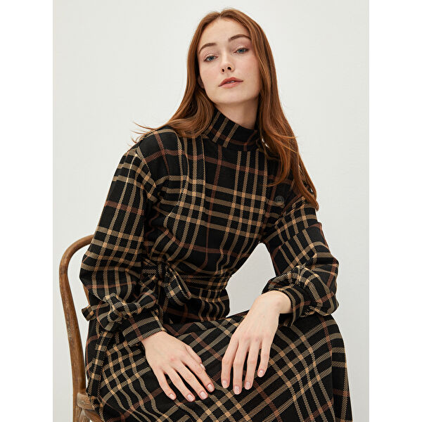 LCW CLASSIC Dik Yaka Ekose Uzun Kollu A Kesim Beli Kuşaklı Kadın Elbise LCW CLASSIC Dik Yaka Ekose Uzun Kollu A Kesim Beli Kuşaklı Kadın Elbise