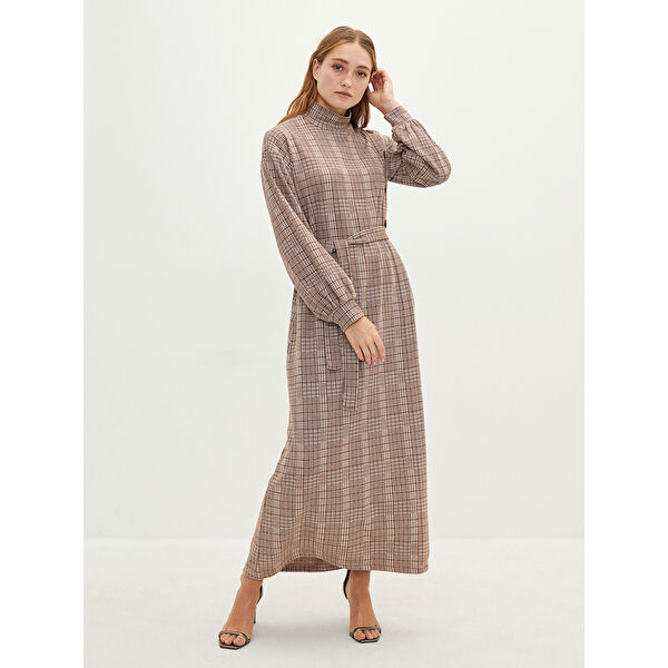 Dik Yaka Ekose Uzun Kollu A Kesim Beli Kuşaklı Kadın Elbise Dik Yaka Ekose Uzun Kollu A Kesim Beli Kuşaklı Kadın Elbise