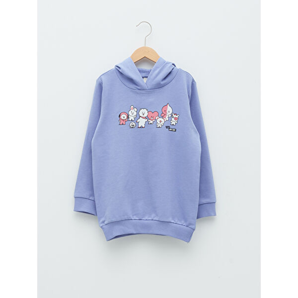 Kapüşonlu BT21 Baskılı Uzun Kollu Kız Çocuk Sweatshirt