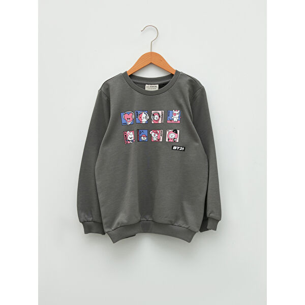 Bisiklet Yaka BT21 Baskılı Uzun Kollu Kız Çocuk Sweatshirt