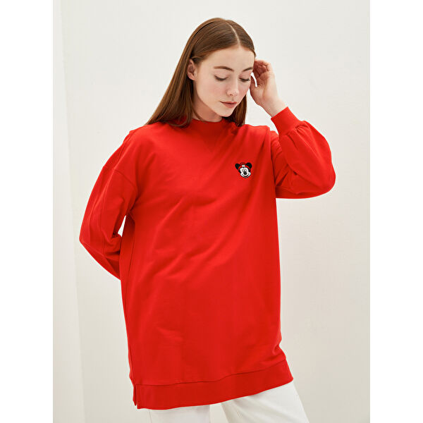 Bisiklet Yaka Mickey Mouse Nakışlı Uzun Kollu Kadın Tunik