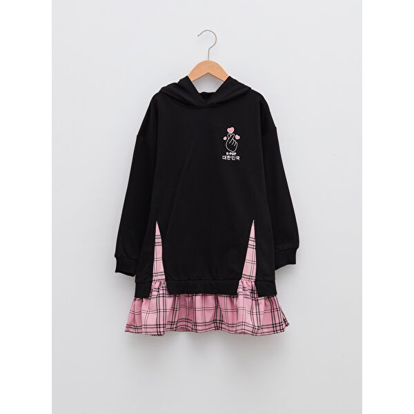 Kapüşonlu Baskılı Uzun Kollu Kız Çocuk Elbise