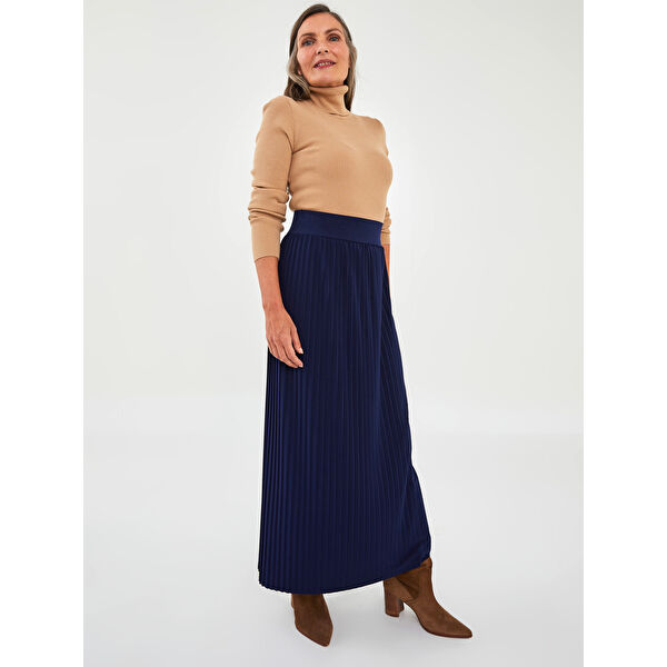 Beli Lastikli Düz Astarsız Kadın Pileli Etek