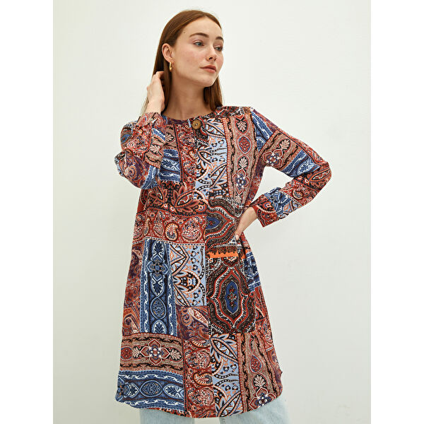 Bisiklet Yaka Desenli Uzun Kollu Viskon Kadın Tunik