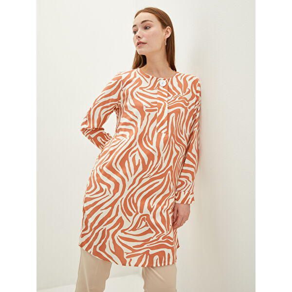 Bisiklet Yaka Desenli Uzun Kollu Viskon Kadın Tunik