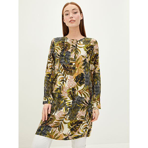 Bisiklet Yaka Desenli Uzun Kollu Viskon Kadın Tunik
