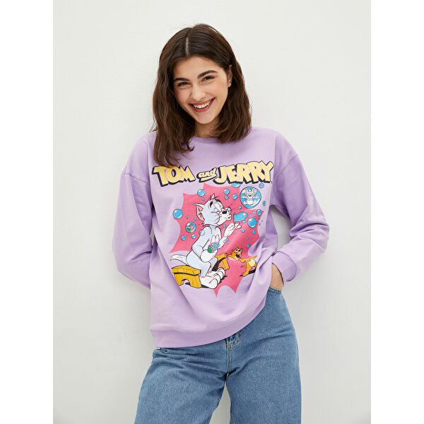 Bisiklet Yaka Tom ve Jerry Baskılı Uzun Kollu Kadın Sweatshirt Bisiklet Yaka Tom ve Jerry Baskılı Uzun Kollu Kadın Sweatshirt
