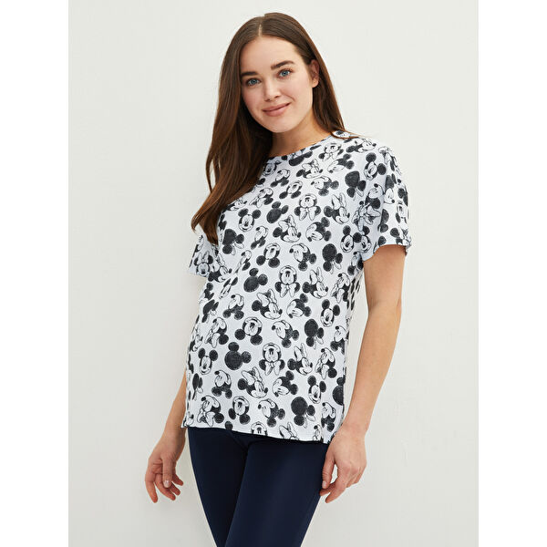 Bisiklet Yaka Mickey Mouse Baskılı Kısa Kollu Pamuklu Hamile Tişört