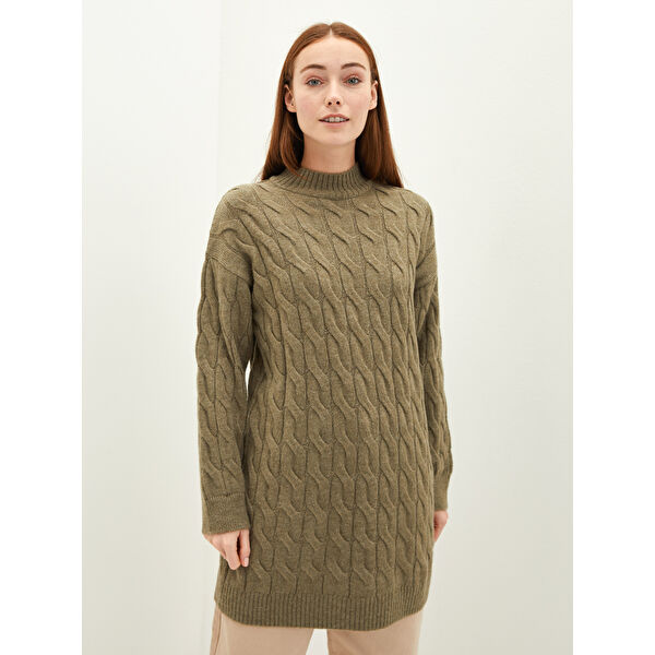 Yarım Balıkçı Yaka Kendinden Desenli Uzun Kollu Kadın Triko Tunik