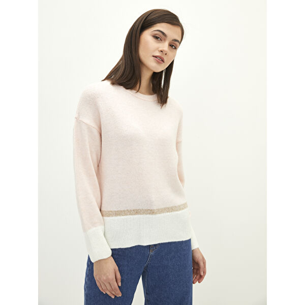 Bisiklet Yaka Renk Bloklu Uzun Kollu Kadın Triko Kazak