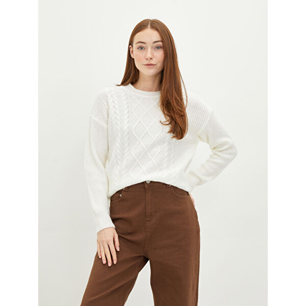 Bisiklet Yaka Kendinden Desenli Uzun Kollu Kadın Triko Kazak