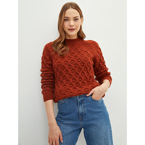 Bisiklet Yaka Kendinden Desenli Uzun Kollu Kadın Triko Kazak