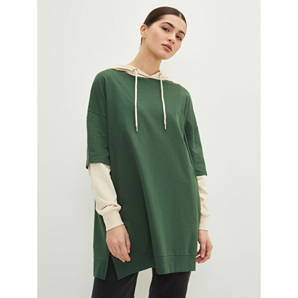 Kapüşonlu Renk Bloklu Uzun Kollu Kadın Tunik