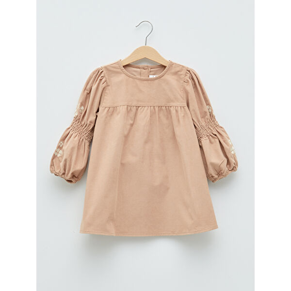 Bisiklet Yaka Uzun Kollu Nakış Detaylı Kadife Kız Bebek Elbise