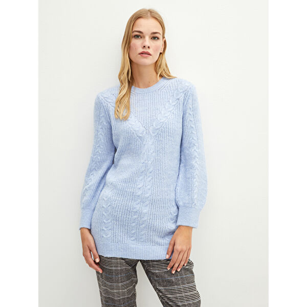 Bisiklet Yaka Kendinden Desenli Uzun Kollu Kadın Triko Tunik Bisiklet Yaka Kendinden Desenli Uzun Kollu Kadın Triko Tunik