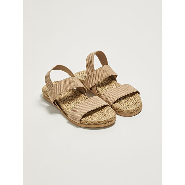 Çift Bantlı Lastikli Hasır Detaylı Kadın Sandalet