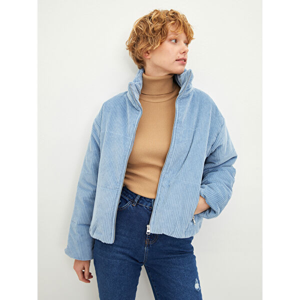 Dik Yaka Düz Uzun Kollu Kadife Kadın Şişme Mont