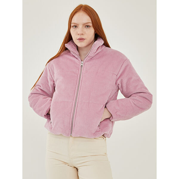 Dik Yaka Düz Uzun Kollu Kadife Kadın Şişme Mont