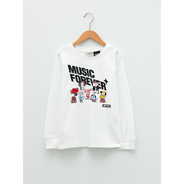 Bisiklet Yaka BT21 Baskılı Uzun Kollu Pamuklu Kız Çocuk Tişört
