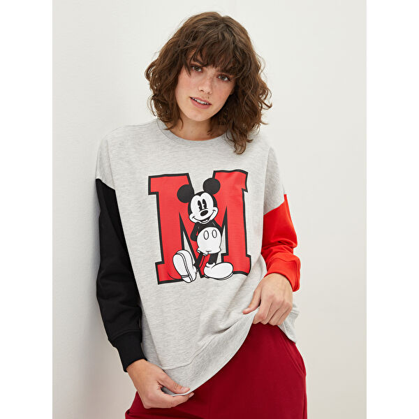 Bisiklet Yaka Mickey Mouse Baskılı Uzun Kollu Kadın Sweatshirt