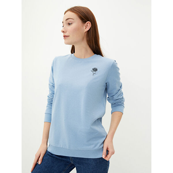 Bisiklet Yaka Çiçek Nakışlı Uzun Kollu Kadın Sweatshirt Bisiklet Yaka Çiçek Nakışlı Uzun Kollu Kadın Sweatshirt