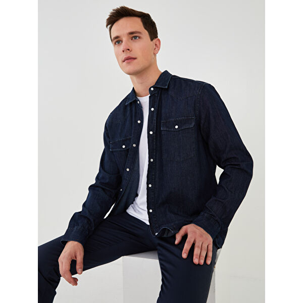 Slim Fit Uzun Kollu Erkek Jean Gömlek Slim Fit Uzun Kollu Erkek Jean Gömlek